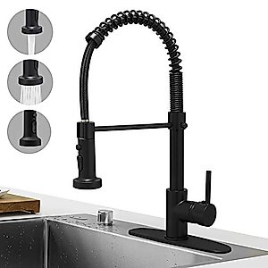 Hoimpro Matte Black Spring Kitchen Faucet with Pull Down Sprayer, Rv Black Kitchen Sink Faucet with Pull Out Sprayer,3 Function Single Handle Laundry Faucet with Cover Plate,Brass(Single or 3 Hole)