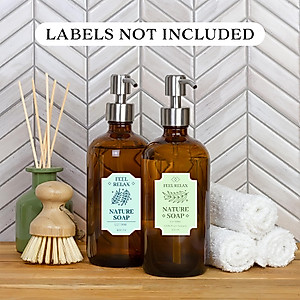 Cornucopia Brands 16-Ounce Amber Glass Bottles w/Stainless Steel Pumps (2-Pack); Lotion & Soap Dispenser Brown Boston Round Bottles for Aromatherapy, DIY