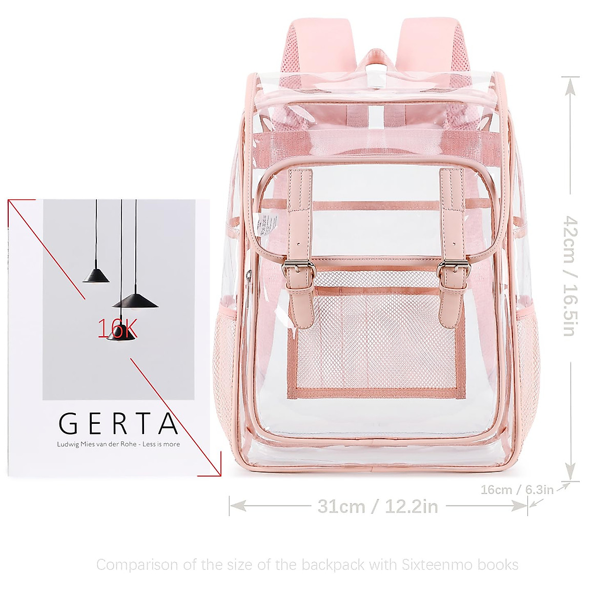 abshoo Transparent Clear Backpack Heavy Duty Backpack For School Teen Girls Women Clear Bookbag (Pink)