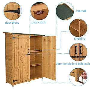 Outdoor Wooden Garden Shed with Asphalt Felt Pitched Roof Fir Wood Outdoor Storage Cabinet for Tools Lockable Double Doors Natural Wood Aesthetic 55.1" L x 19.7" W x 63.8" H
