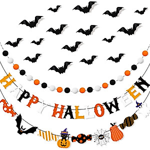 Happy Halloween Banner Pom Pom Garland Set and Halloween Bat Candy Banner with Black Bat Wall Sticker for Halloween Party Decorations Home Decor