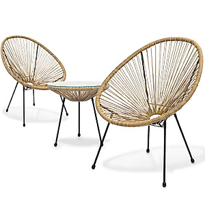 MoNiBloom 3 Piece Patio Set All Weather Outdoor Furniture Conversation Bistro Set with Plastic Rope, Glass Top Table and 2 Metal Steel Chairs for Garden Deck and Backyard Natural