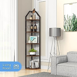 SAUCE ZHAN 70 Inch Rustic Corner Shelf 5 Tier Tall Corner Bookshelf with Storage Industrial Corner Shelf Stand with Goblet Holder Wooden Bookcase for Living Room, Kitchen, Small Space - Brown