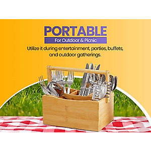 YBM HOME Bamboo Flatware Utensil Caddy with Napkin Holder and Handle, Wood Picnic Basket for Kitchen and Camping Trip, 361