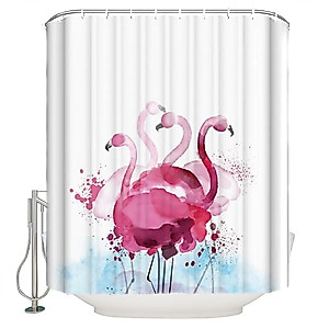 Pink Flamingo Waterproof Shower Curtains Set - Extra Long 72 x 84 Inch, Watercolor Pink Blue Animals Polyester Fabric Bathroom Curtain with 12 Hooks, Bathroom Accessories, 1 Panel