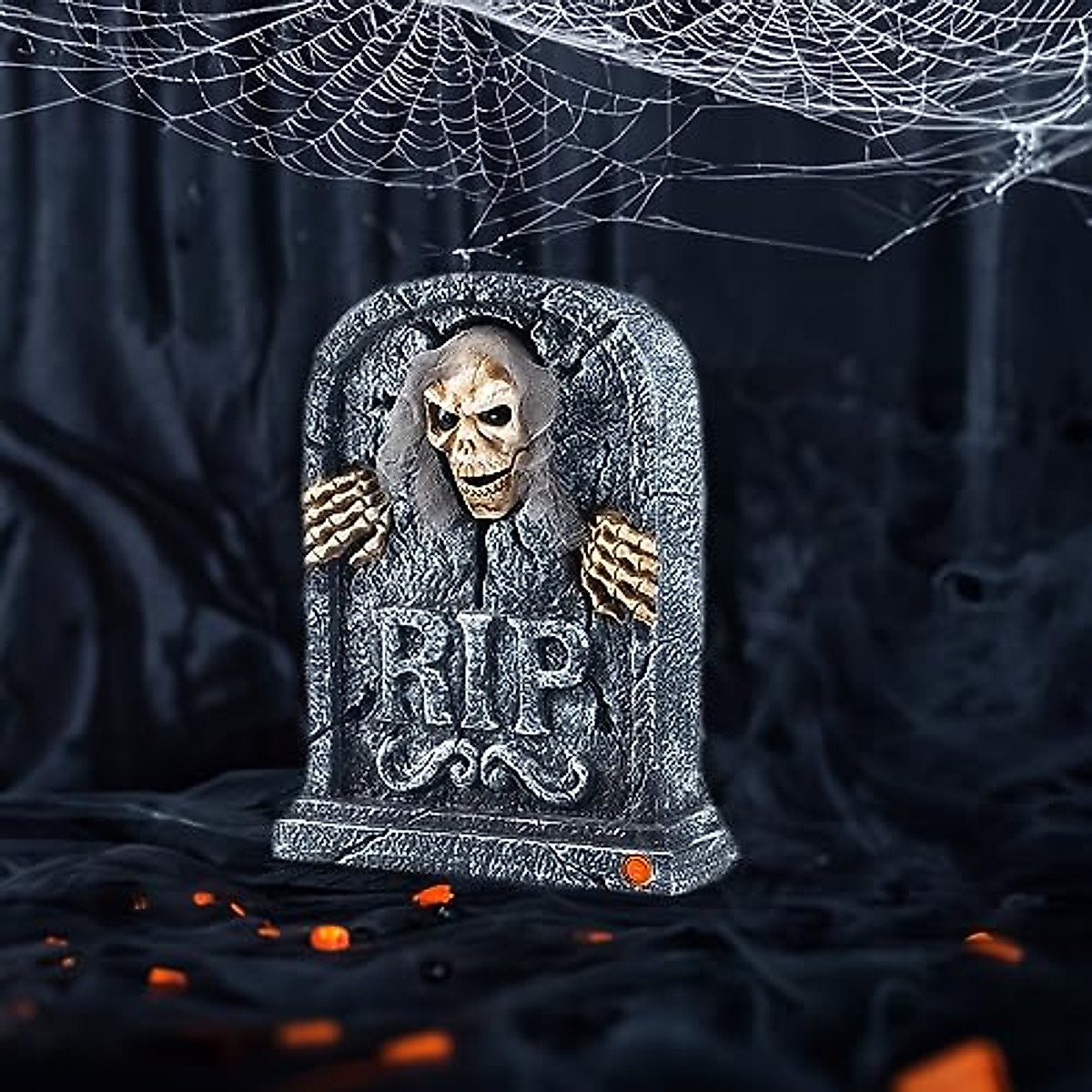 Halloween Zombie Tombstone Animated Skeleton Decorations Yard Decor Motion Sensor Activated, Creepy Voice, Spooky Skull Head, Light Up Eyes, Scary Haunted Prop