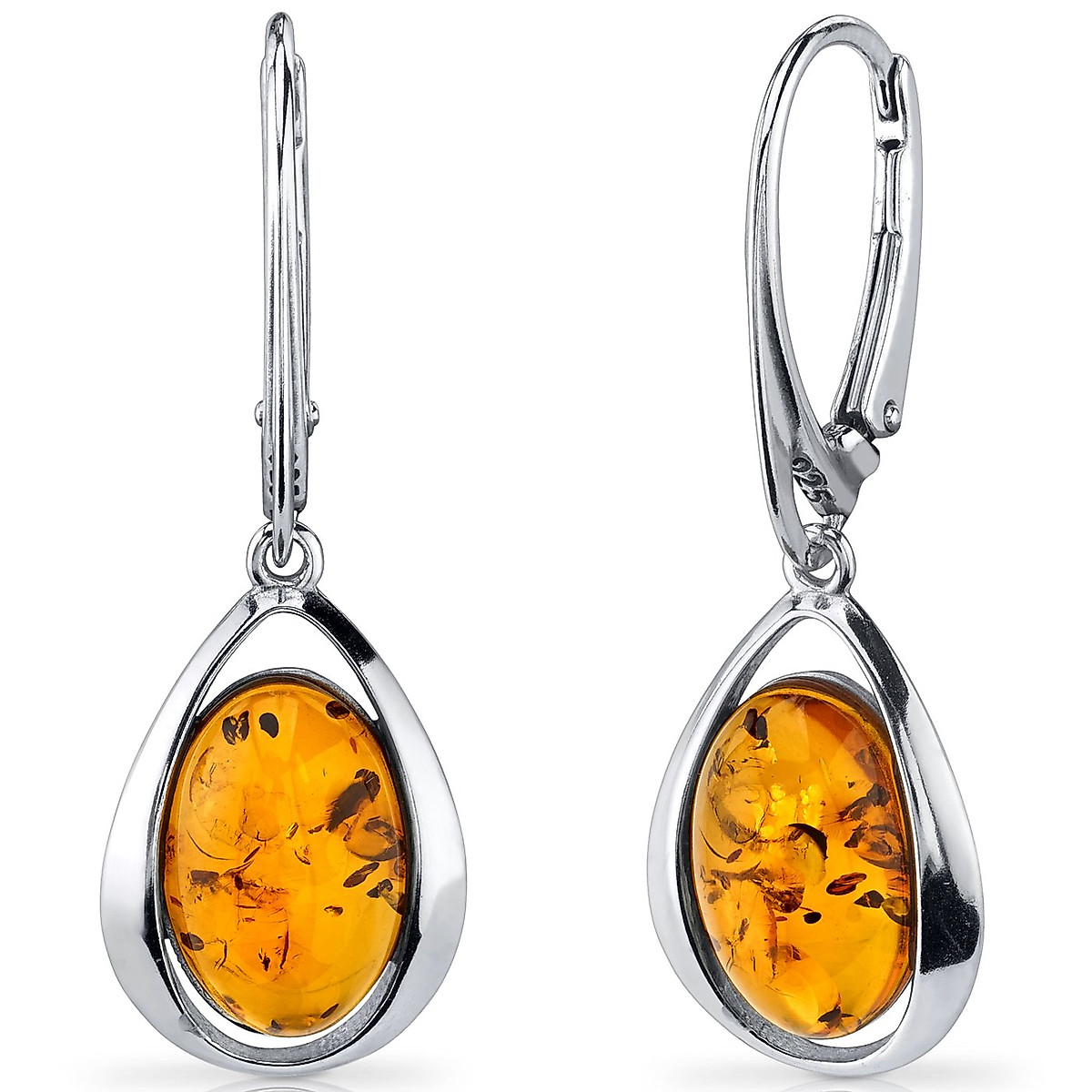 Peora Genuine Baltic Amber Dangle Earrings for Women 925 Sterling Silver, Solitaire Studs, Oval Shape, Rich Cognac Color, Lever backs