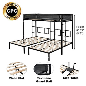 Oudiec Triple Bunk Bed Twin Over Twin, Metal Bedframe with Safety Guardrail & Ladder, Can Be Separated into 3 Twin Beds, No Box Spring Needed, Easy to Assemble for Dorm, Bedroom, Guest Room, Black