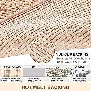 TECHMILLY Soft Fluffy Chenille Bathroom Rugs, Non Slip Absorbent Bath Mats for Bathroom, Washable and Quick Dry, Khaki, 17" x 24"