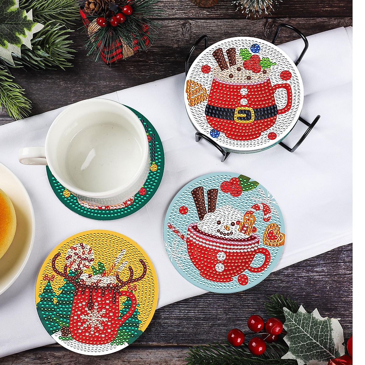 Christmas Diamond Painting Coasters Hot Cocoa Diamond Art Coasters Winter Hot Chocolates 5D DIY Diamond Decorative Coasters with Cork Base Holder for Christmas Winter Holiday DIY Crafts, 8 Pieces