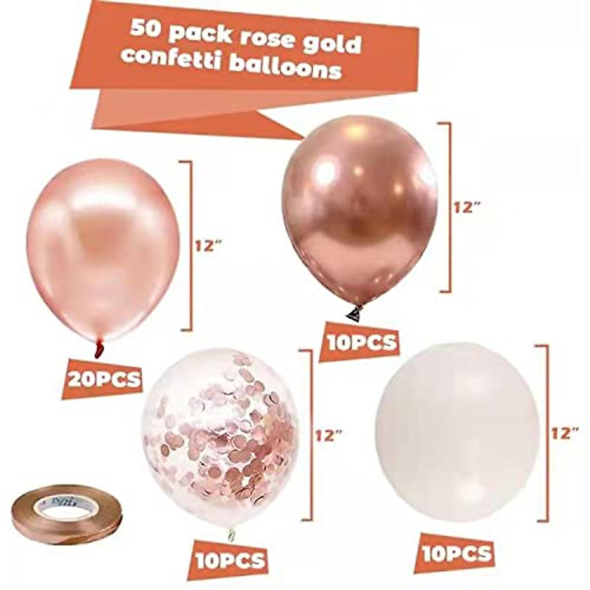 Rose Gold Confetti Balloons, 50 Pack Rose Gold White Balloons and Rose Gold Metallic Balloons for Birthday Wedding Engagement Bachelor Bridal Shower Party Decorations