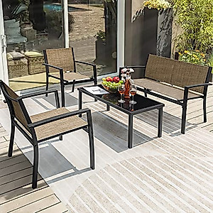 Flamaker 4 Pieces Patio Furniture Outdoor Furniture Set Textilene Bistro Set Modern Conversation Set Black Bistro Set with Loveseat Tea Table for Home, Lawn and Balcony (Yellow)