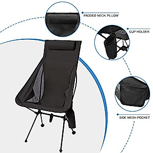 Lyweem Folding Camping Chair for Adults Lightweight Beach and Picnic Chair - Portable High-Backrest and Aircraft-Grade Aluminum with Side Pocket - Perfect for Outdoor Activities 330LBS Support, Black