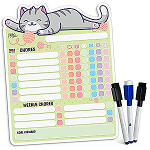 Willa Flare Fridge Chore Chart 1 pc | Magnetic Chore Chart For Kids and Adults | Helps to Reward Responsibility with Family Chores Charts | Includes Wet and Dry Erase Markers (Gray Cat)