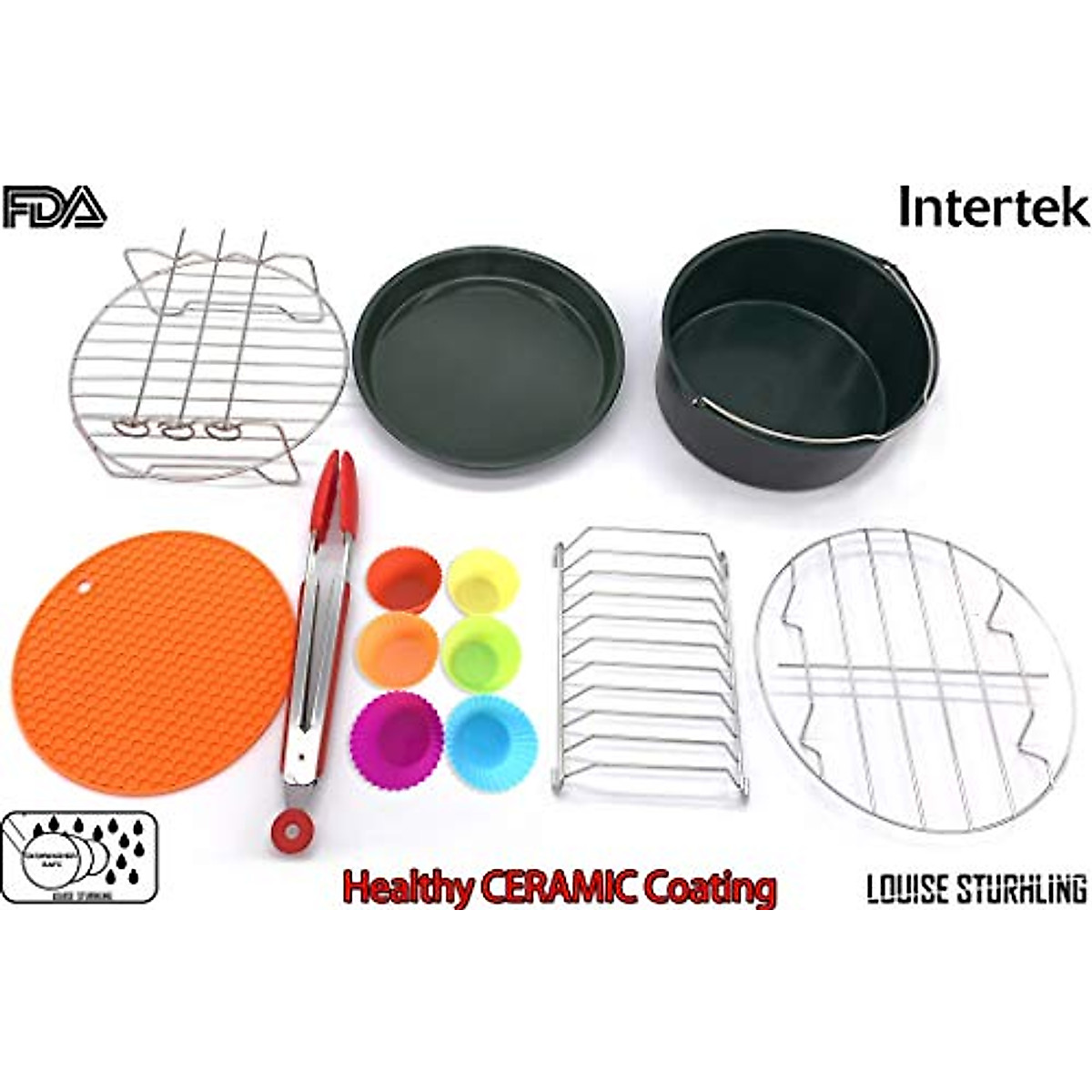 LOUISE STURHLING 8 PCS Healthy Ceramic Air Fryer XL Accessories Set, BPA-Free & Teflon-Free, Dishwasher Safe, Compatible with All 3.7 – 6.0 Qt air fryers & Pressure Cookers