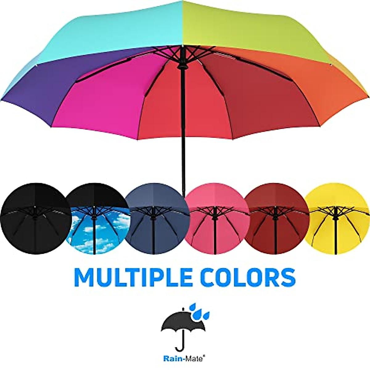 Rain-Mate Compact Travel Umbrella - Pocket Portable Folding Windproof Mini Umbrella - Auto Open and Close Button and 9 Rib Reinforced Canopy (Rainbow)