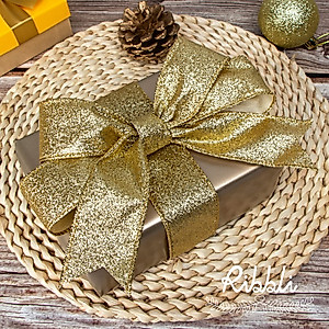 Ribbli Gold Glitter Wired Ribbon,Gold Ribbon with Metallic Edge,Christmas Ribbon for Wreath, ChritmasTree Decoration, Gift Wrapping,Home Decor, 1-1/2 Inch x 10 Yards