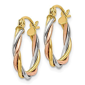 Amanda Rose Collection 14K Tri Colored Gold Twisted Hoop Earrings for Women 1/2 inch|14K White, Rose and Yellow Gold