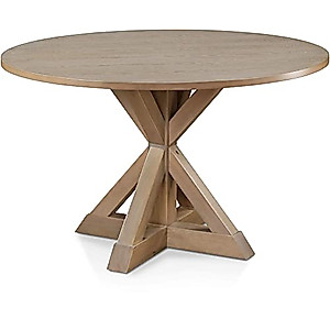 Finch Alfred Round Solid Wood Rustic Dining Table for Farmhouse Kitchen Room Decor, Wooden Trestle Pedestal Base, 46.5" Wide Circular Tabletop, Distressed Beige