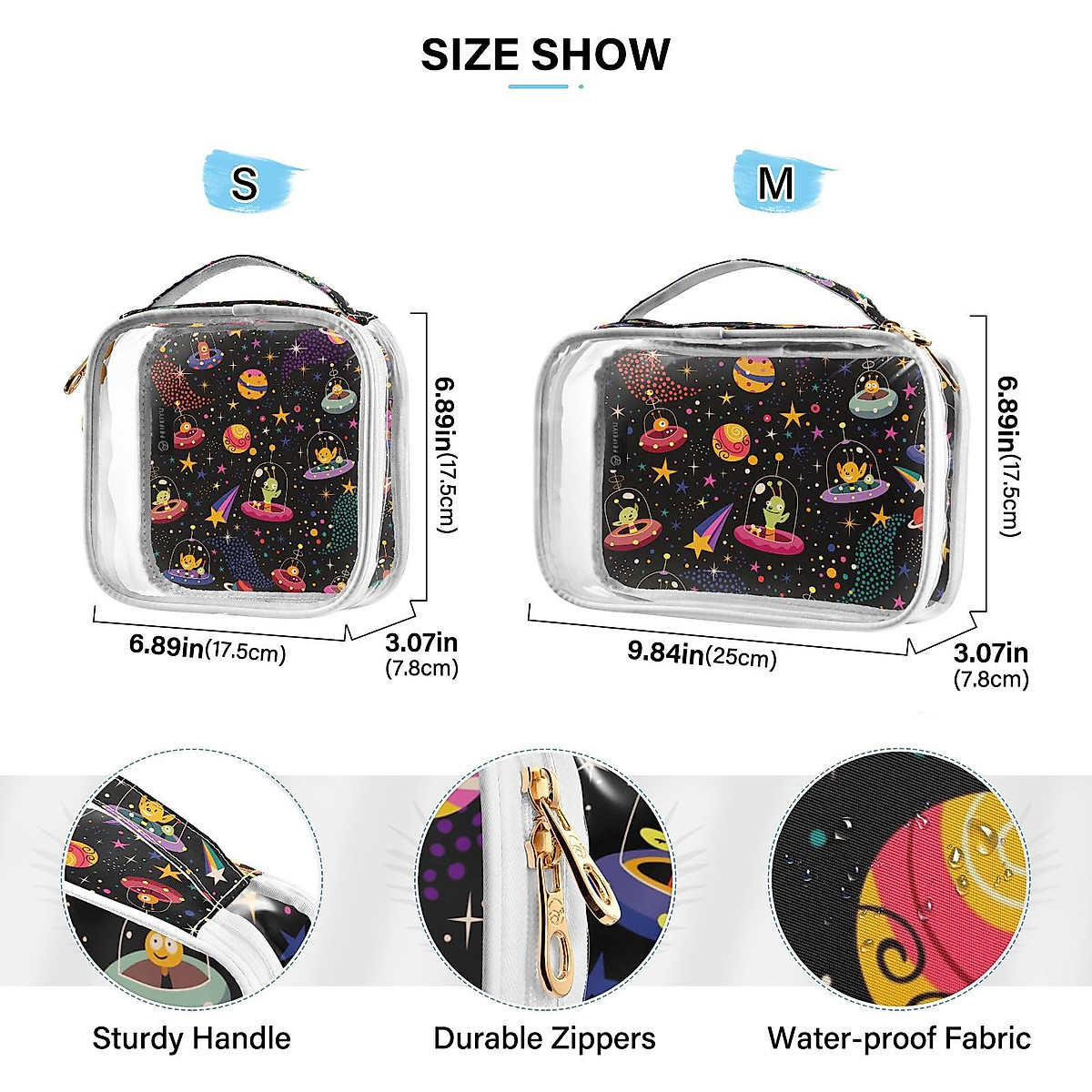 Cute Alien Planet Stars 2 Pieces Clear Makeup Cosmetic Toiletry Bags for Women Men PVC Waterproof Portable Travel Storage Carry Pouch with Gold Zippers Organizer Case for Organizing Traveling
