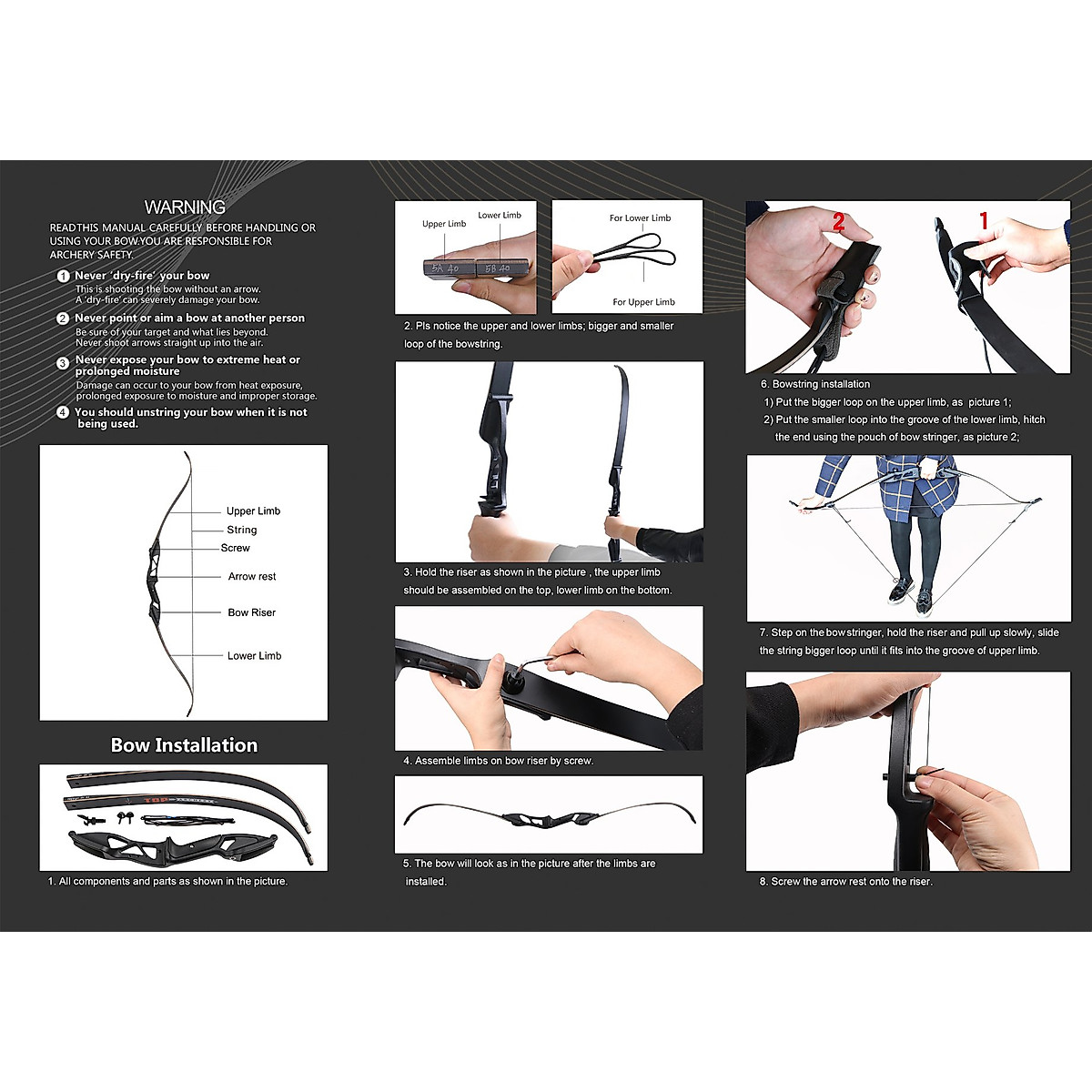 TOPARCHERY Archery Takedown Recurve Bow 60inch Right Handed Riser Bow for Hunting Target Shooting 30-50Lbs Hunting Target Practice Adults with Bow Stringer (YY35LBS)