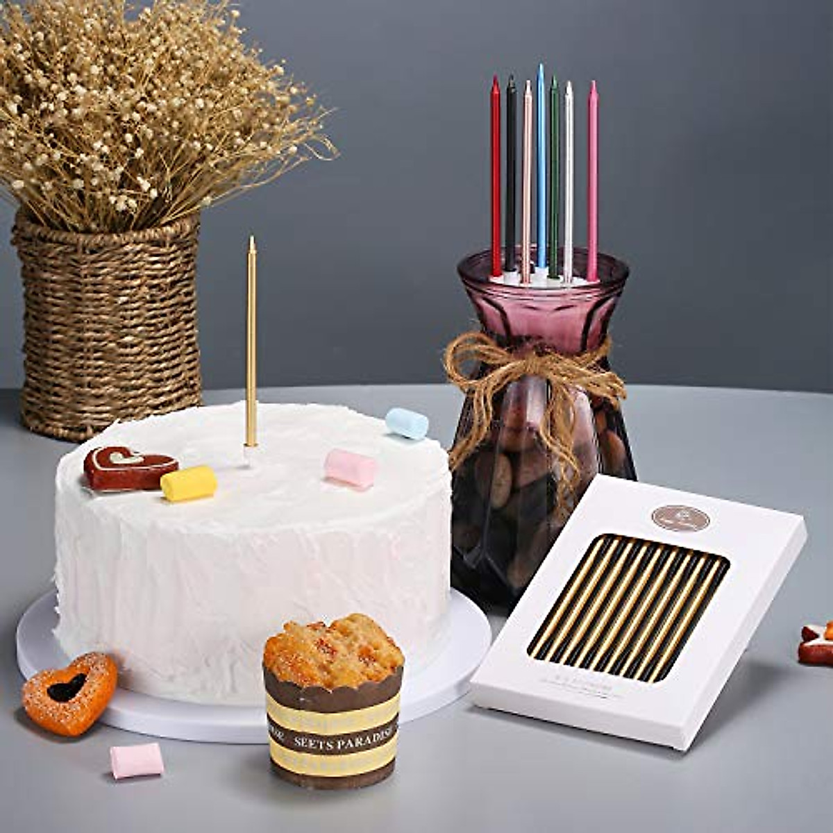 Pfizermay 24 Count Metallic Birthday Candles in Holders Gold Tall Birthday Cake Candles Long Thin Cupcake Candles for Birthday Wedding Party Decoration (Gold)