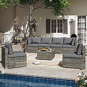 LAUSAINT HOME Outdoor Patio Furniture, 7 Pieces Outdoor Sectional PE Rattan Wicker Patio Furniture Sets, All Weather Garden Conversation Seat with Cushion and Glass Coffee Side Table (Grey)