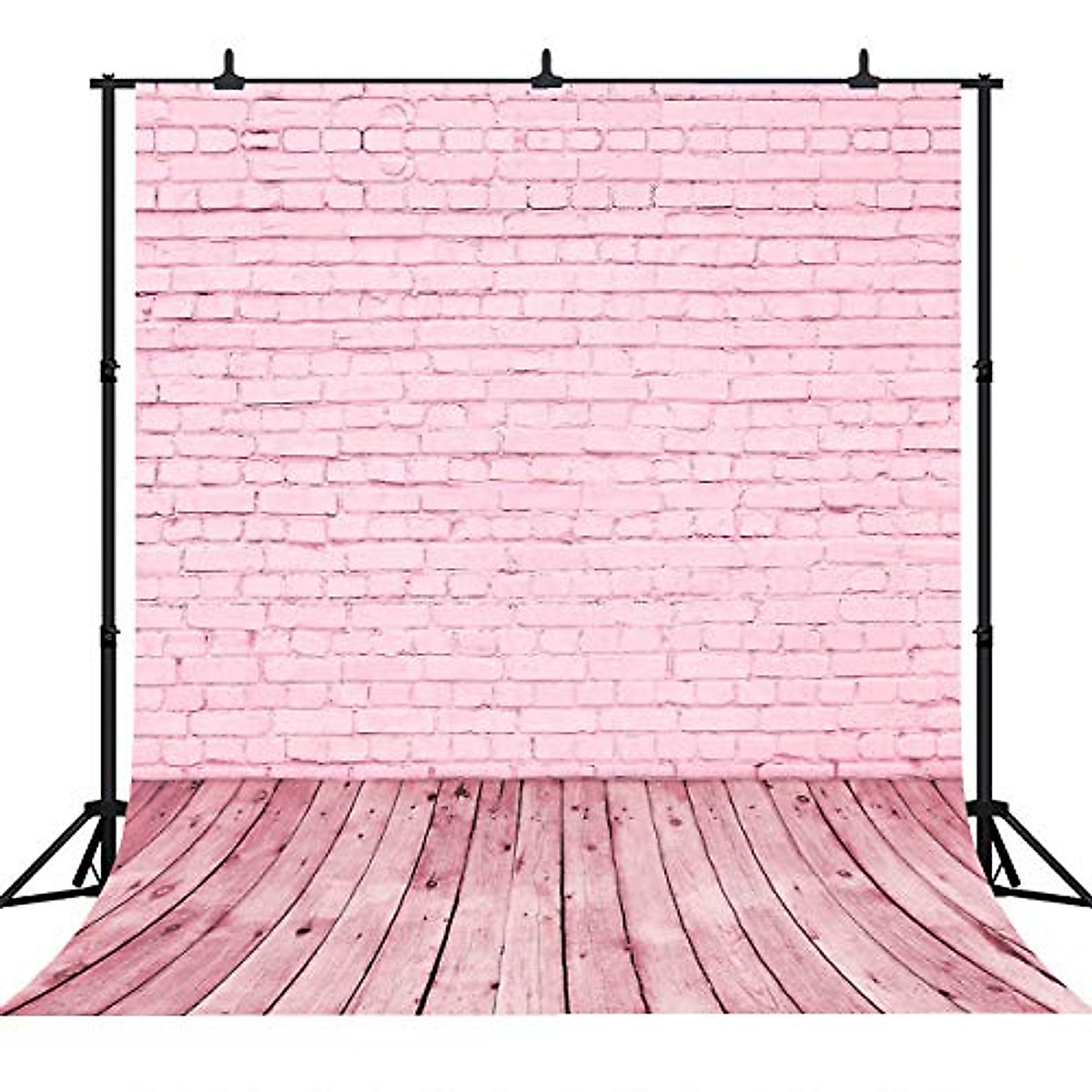 Mocsicka Pink Brick Wall with Wood Floor Photography Backdrop 5x7ft Vinyl Newborn Baby Photoshoot Children Kids Potrait Background Photo Booth Studio Props