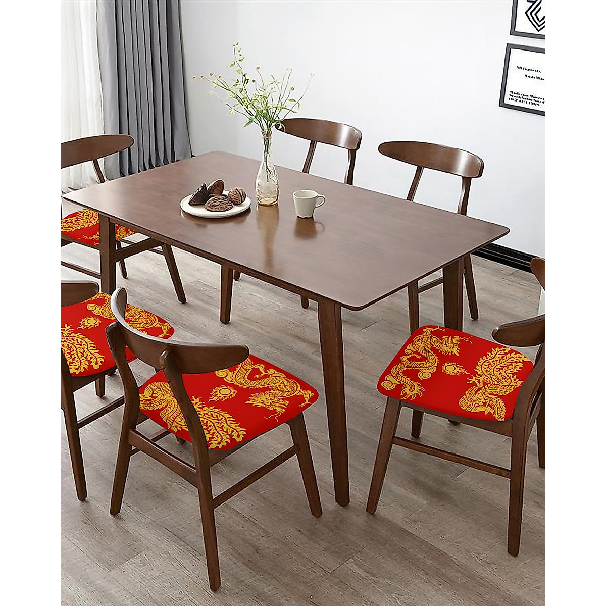 Oriental Dragon Chair Seat Covers for Dining Room Stretch Chair Seat Covers Set of 2, Chair Seat Protector Cushion Slipcovers for Kitchen Restaurant Office Traditional Chinese Happy New Year Red