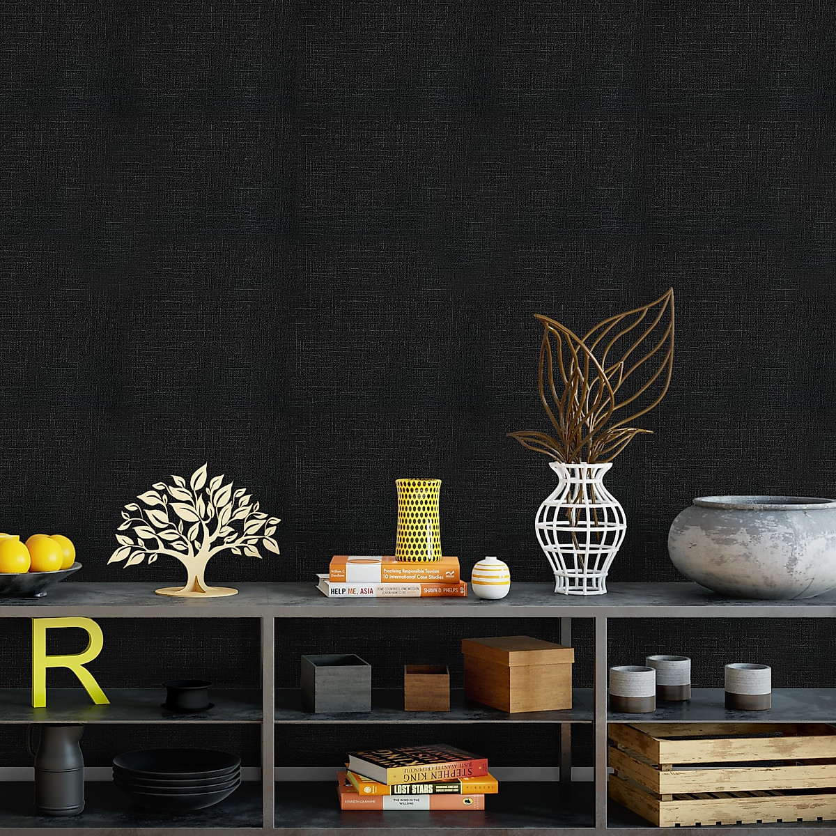 Harmn home Black Wallpaper Peel and Stick Textured Removable Vinyl Sitck On Wall Cover,Decorative Self Adhesive Waterpoof grasscloth Paper for Bedroom,Living Room (15.7 in x118 in)