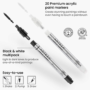 ARTEZA Acrylic Paint Markers, Set of 20 Black & White Acrylic Paint Pens, Art Markers for Glass, Pottery, Ceramic, Plastic, Rocks, and Canvas