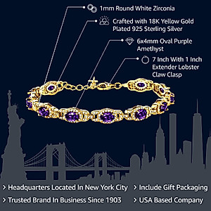 Gem Stone King 18K Yellow Gold Plated Silver Oval Purple Amethyst Tennis Bracelet For Women (8.55 Cttw, Gemstone Birthstone, 7 Inch With 1 Inch Extender)
