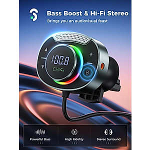 Bluetooth 5.3 FM Transmitter for Car - SOOMFON Bluetooth Car Adapter with Big Mic Bass Stereo Hi-Fi Sound, PD30W QC18W FM Bluetooth Transmitter Car Charger Support Hands-Free Calls, Aux Out, TF Card