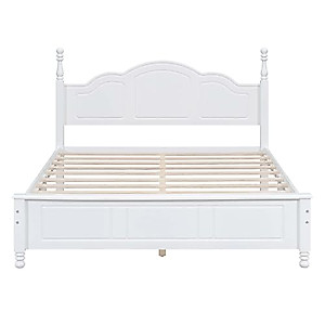 Queen Size Classic Wood Platform Bed Frame with Headboard, Solid Wood Foundation / No Box Spring Needed / Wood Slat Support / Easy Assembly for Family Bedroom Apartment Boys Girls Room (White, Queen)