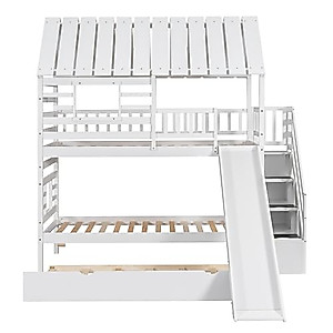 EOVTK Twin Over Twin House Bunk Bed with Trundle and Slide, Wood House Bunk Bed Frame with Storage Staircase, Roof and Window for 3 Kids Boys Girls, White