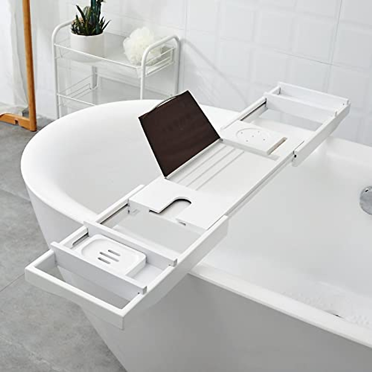 GANFANREN Extendable Bath Tub Caddy Wooden Bathtub Bridge Shelf Organizer Tray with Book Stand for Home Hotel Spa Salon