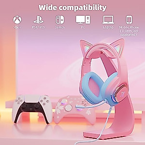 Mytrix Cat Ear Gaming Headset Compatible with PS4, PS5, Xbox, PC, MAC, Switch, Gradient Pink Blue Wired Gaming Headphones with 360° Rotation Microphone, Surround Sound, Soft Earmuff, RGB Light Effect