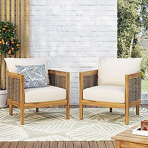 Merax Set Outdoor Acacia Wood Wicker 2 Club Chairs with Side Table,Patio Furniture Conversation Seat for Backyard, Beige