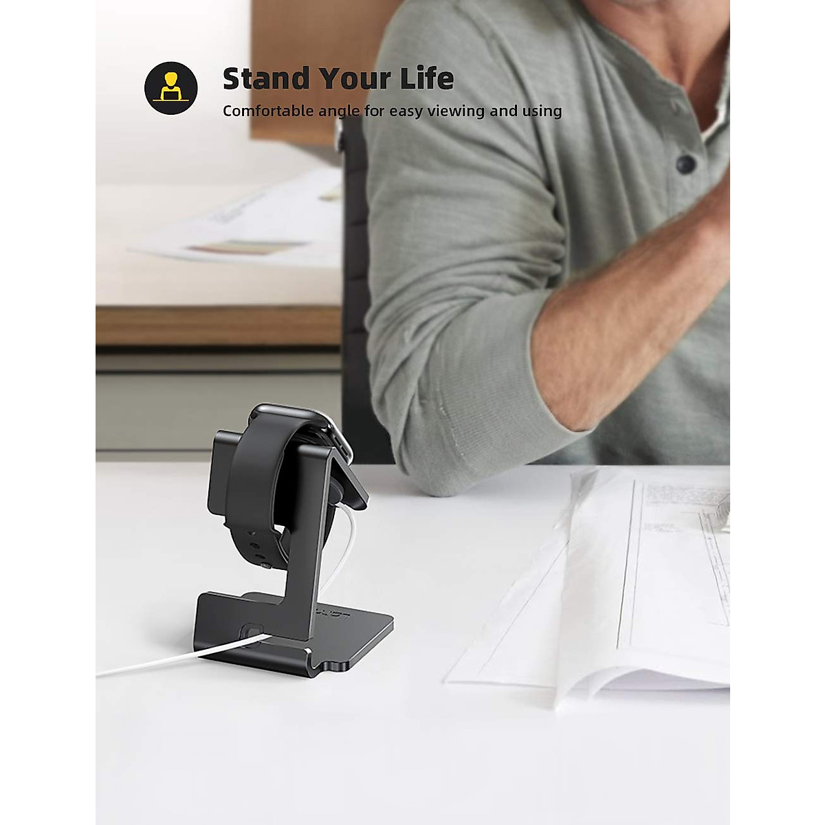 Lamicall Stand for Apple Watch, Charging Stand - Desk Watch Stand Holder Charging Dock Station compatible with Apple Watch Series SE Ultra/Series 8/7/6/5/4/3/2/1, 49mm/45mm/44mm/42mm/41mm/ 38mm, Black