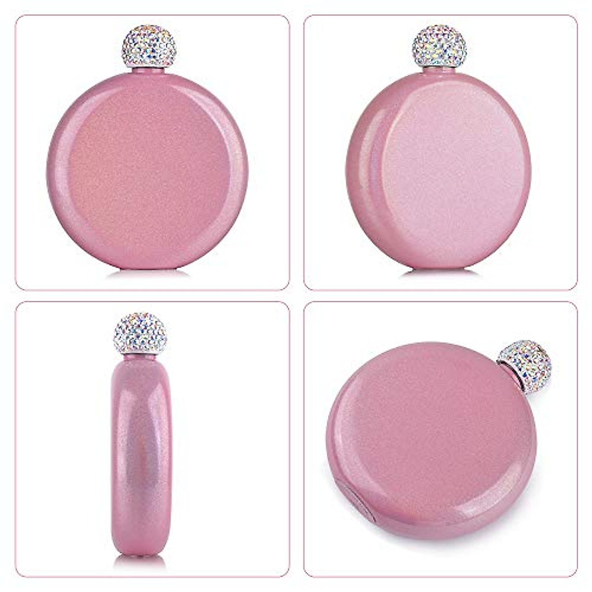 Cute Liquor Flask for Women, Junya 304 Stainless Steel,Pretty Glitter Coating Whiskey Flasks,Shining Rhinestone Cap,Portable Wine Flask for Drink Bar BBQS and Traveling,Capacity 5 oz (Pink)