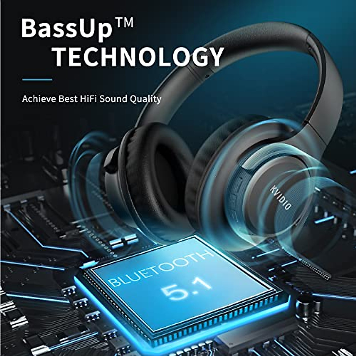 KVIDIO [Updated] Bluetooth Headphones Over Ear, 65 Hours Playtime Wireless Headphones with Microphone,Foldable Lightweight Headset with Deep Bass,HiFi Stereo Sound for Travel Work Laptop PC Cellphone