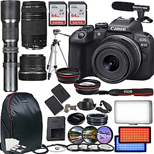 Canon EOS R10 Mirrorless Camera, Including RF-S 18-45mm f/4.5-6.3 is STM, EF 75-300mm f/4-5.6 III & 500mm f/8 Focus Lenses, 2X 64GB Memory Cards, Microphone, LED Video Light & More (35pc Bundle)