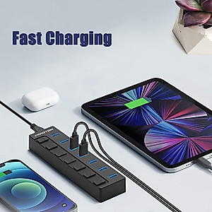 Powered USB 3.1/3.2 Hub, VANOTOM 7-Port Charging USB 3.1/3.2 Gen 2 Hub, Superspeed USB Splitter up to 10Gbps with Power Adapter and Individual On/Off Switches for PC and Laptop