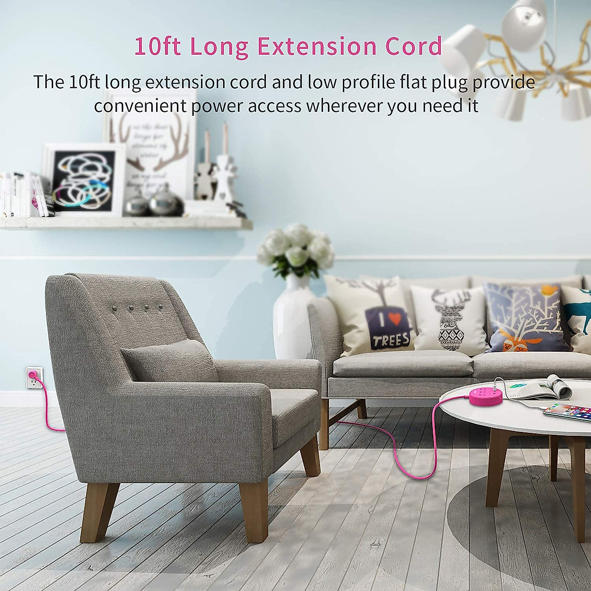 Power Strip with USB - NTONPOWER Travel Power Strip Flat Plug, 10ft Extra Long Extension Cord, 3 Outlets 2 USB Desktop Charging Station, Wall Mount, Compact for Home, Dorm Room, Office and Cruise Ship