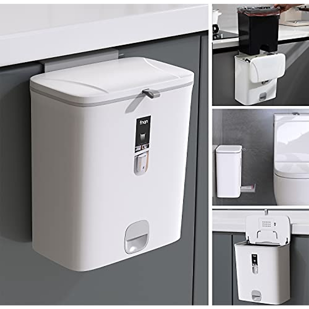 Sooyee Trash Can Kitchen Bathroom Trash Can with Lid,2.4 Gallon Small Trash Can,Hanging or Standing Plastic Compost Bin for Cupboard/Bedroom/Office/Camping,Waste Basket,White