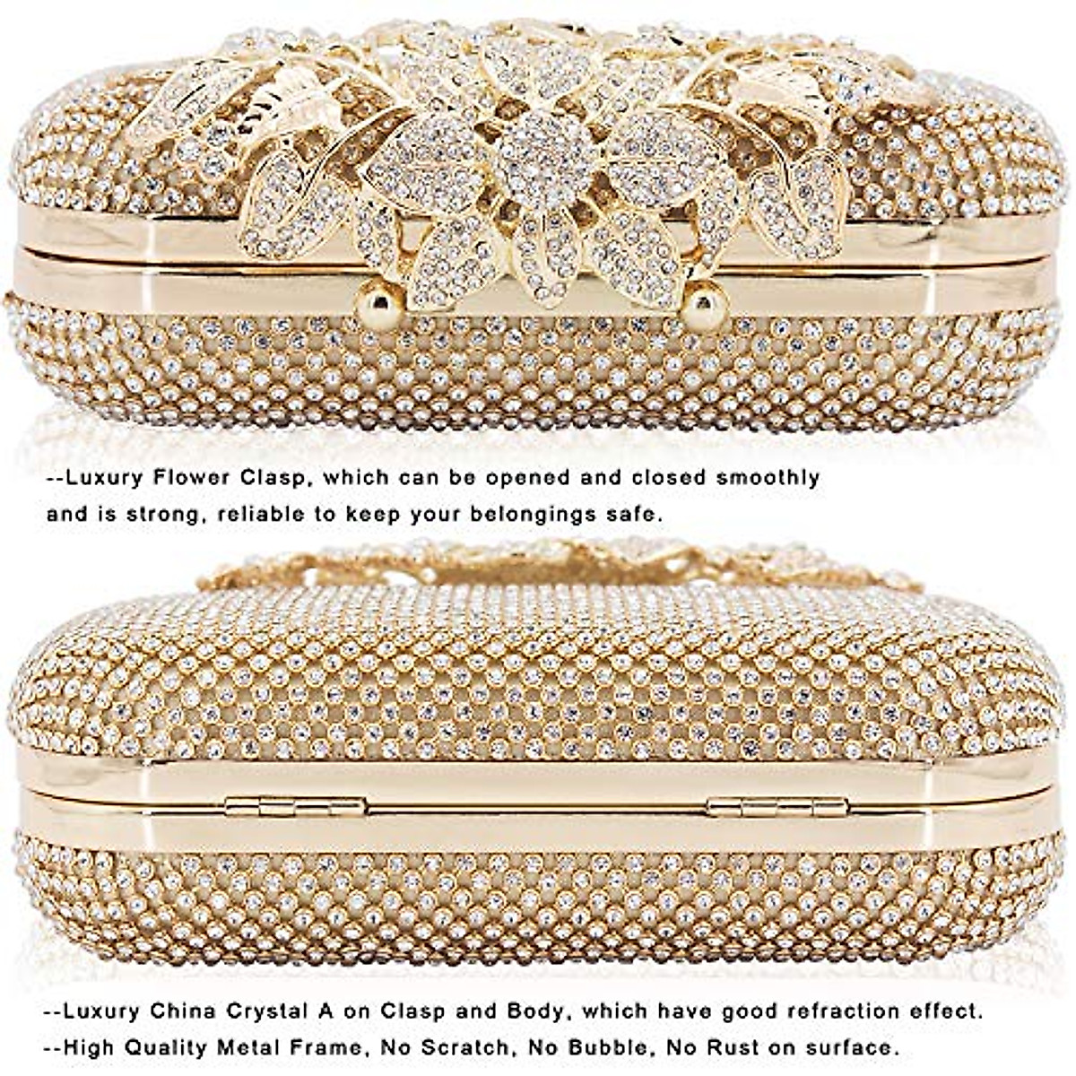Dexmay Luxury Flower Women Clutch Purse Rhinestone Crystal Evening Bag for Wedding Party Gold