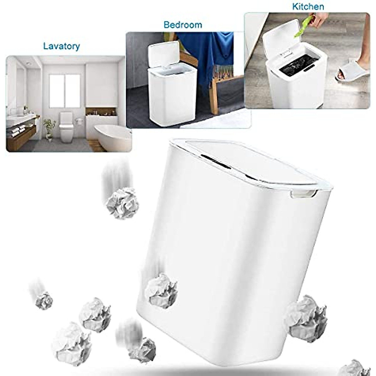 Touchless Trash Can with Lids, 14L Wastebasket Plastic Recycling Bin, Automatic Motion Sensor Kitchen Garbage Can, 3.7 Gallon Small Waste Container Bin for Home, Office, Bathroom, Living Room (White)