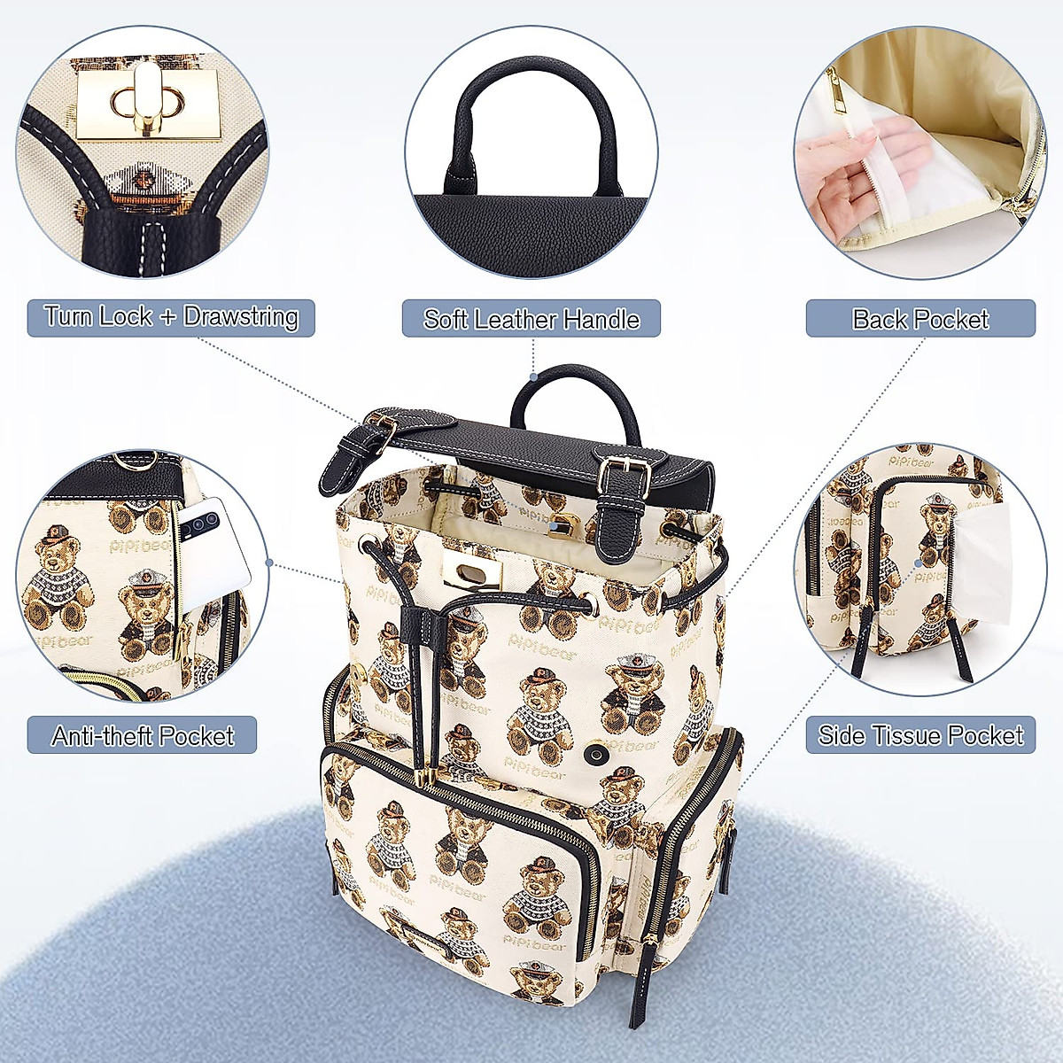 pipi bear Diaper Bag Backpack with Stroller Straps, Stylish Jacquard Travel Diaper Back Pack for Mom and Dad, Multi-function Baby Changing Bag, Maternity Nappy Bag for Boys and Girls, Cream