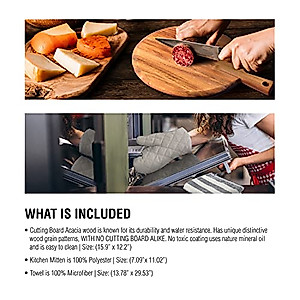 Vees Goods Acacia Wood Cutting Board with Handle - Kitchen Round Cutting Board Set includes Glove and Towel - Great Use for Pizza, Charcuterie, Chopping Board - Size (15.9” x 12.2”)