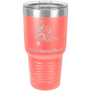 LaserGram 30oz Vacuum Insulated Tumbler Mug, Musical Notes, Personalized Engraving Included (Coral)